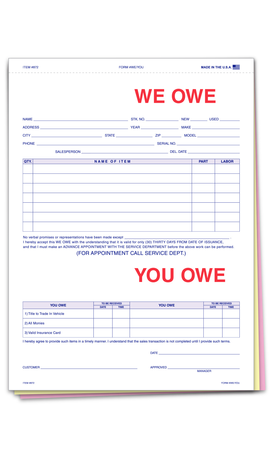 3-Part We Owe You Owe Forms | SSW Dealer Supply